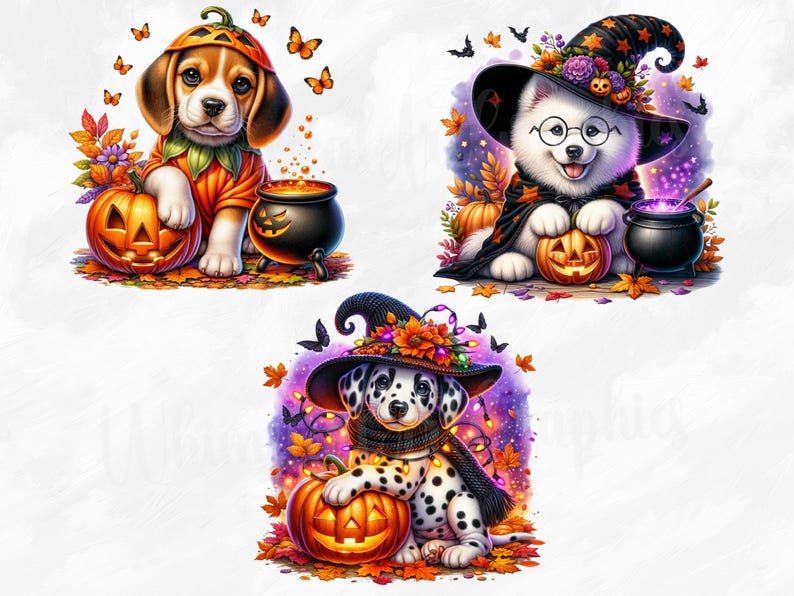 Watercolor Halloween Dogs Collection Clipart, 15 PNG Halloween Clipart ...