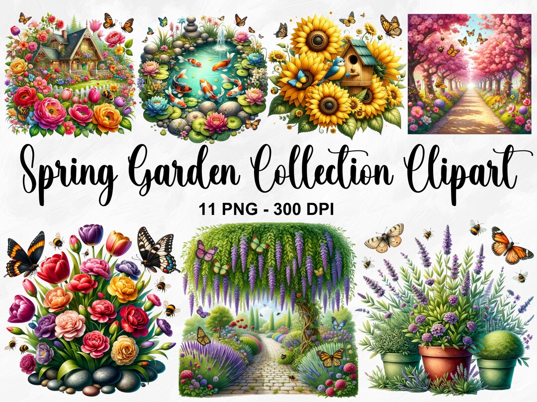 Watercolor Spring Garden Collection Clipart, 11 PNG Spring Floral ...