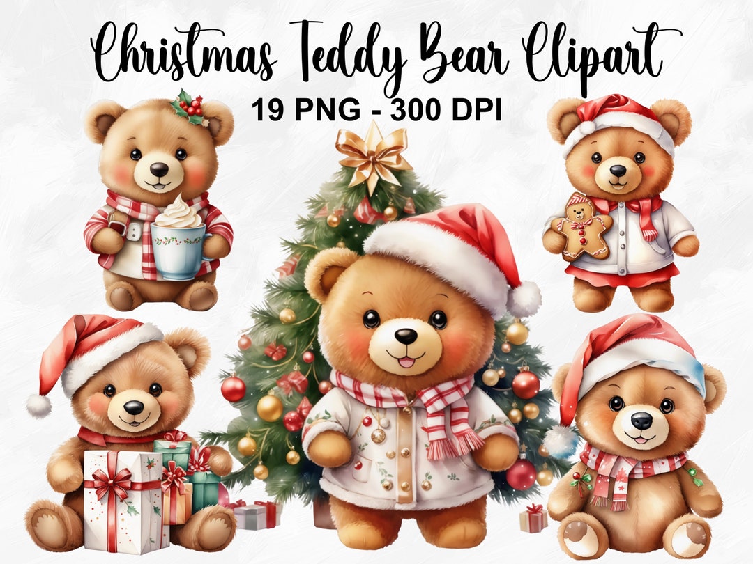 Watercolor Christmas Teddy Bear Clipart, 19 PNG Holiday Teddy Bear ...