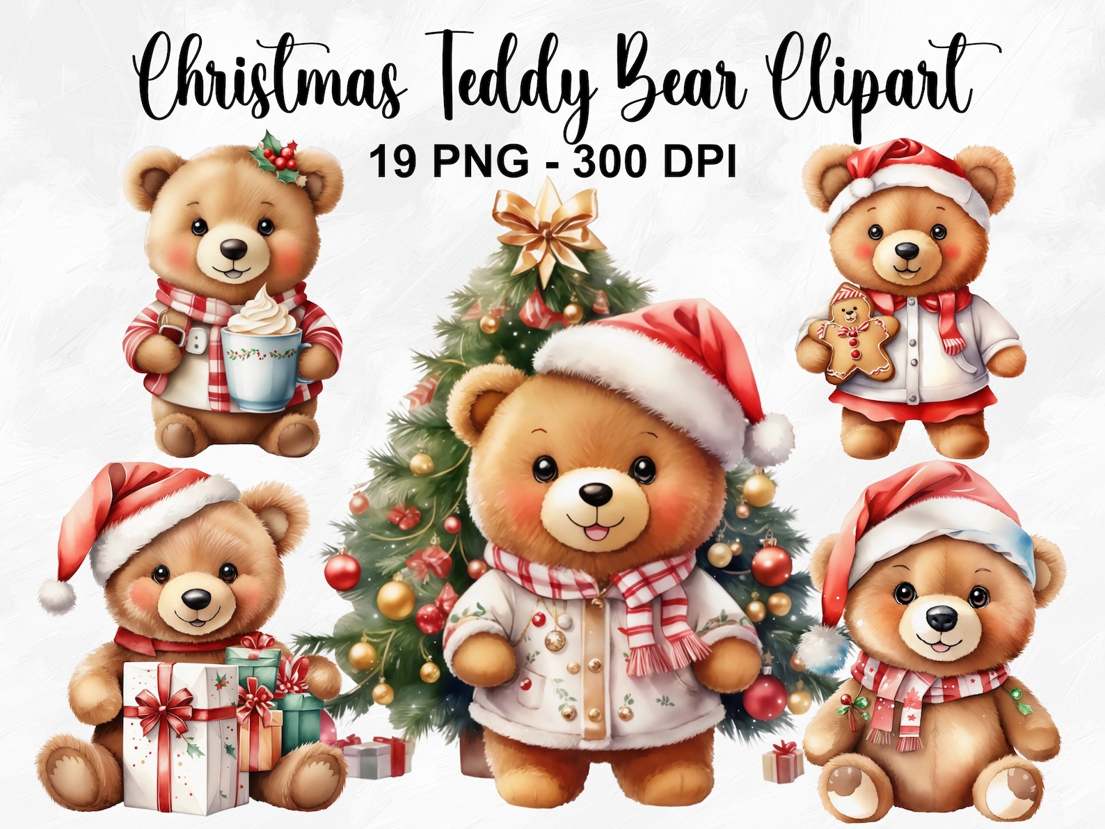 Watercolor Christmas Teddy Bear Clipart 19 PNG Holiday Teddy - Etsy