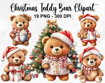 Watercolor Christmas Teddy Bear Clipart, Christmas Teddy Bear PNG ...