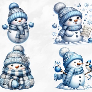 Watercolor Blue Snowman Collection Clipart, 26 PNG Festive Snowman ...