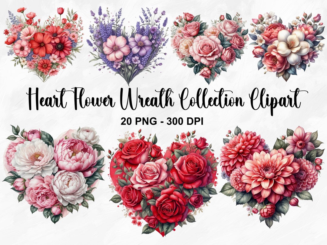 Watercolor Heart Flower Wreath Clipart, 20 PNG Valentines Day Clipart ...