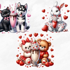 Watercolor Cute Milkshake Animals Clipart, 11 PNG Valentines Day ...