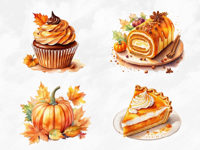 35 PNG Watercolor Pumpkin Spice Collection Clipart, Sweet Treats ...