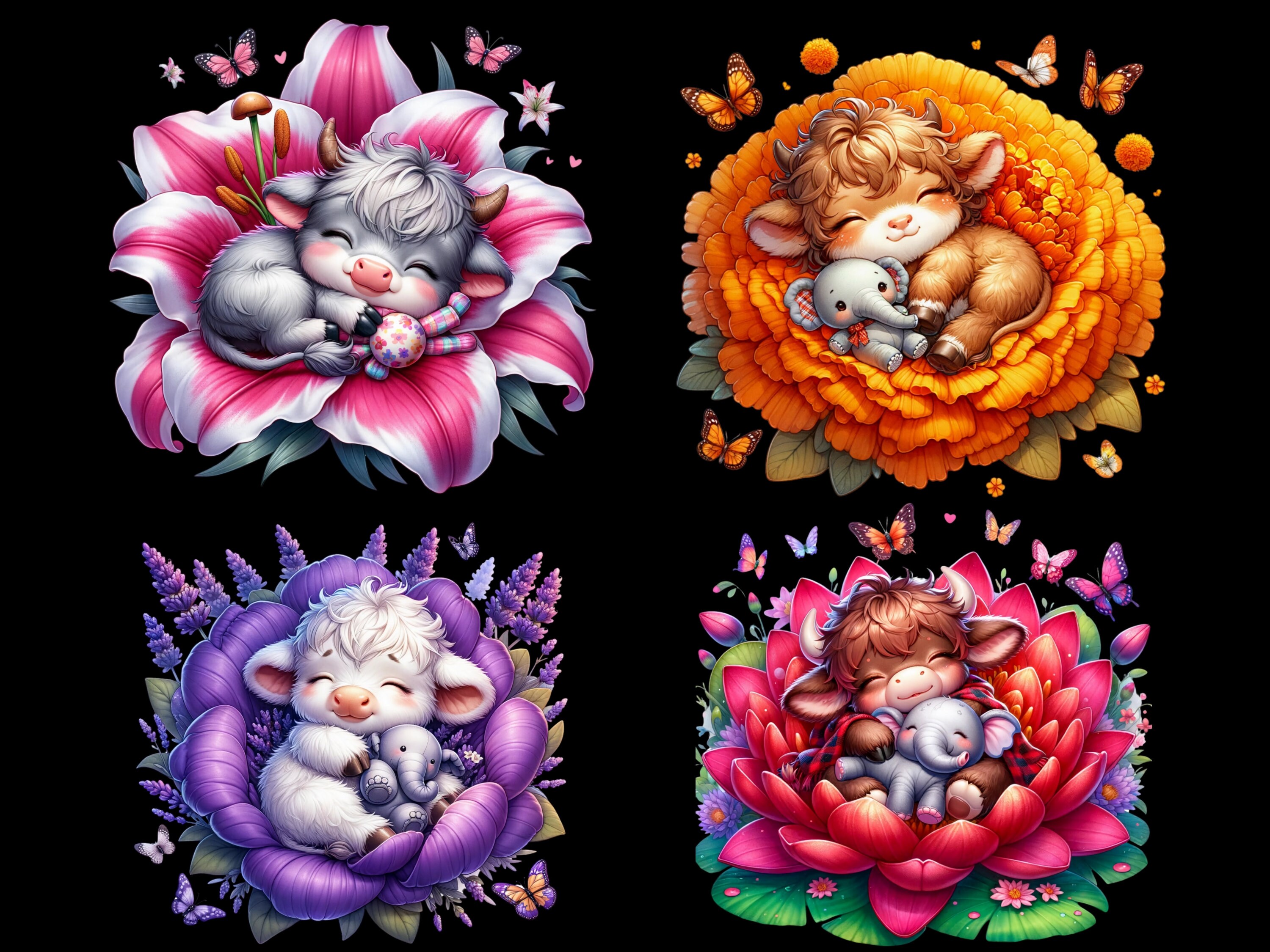Watercolor Sleeping Baby Highland Cow Clipart, 24 PNG Cute Cow Clipart ...