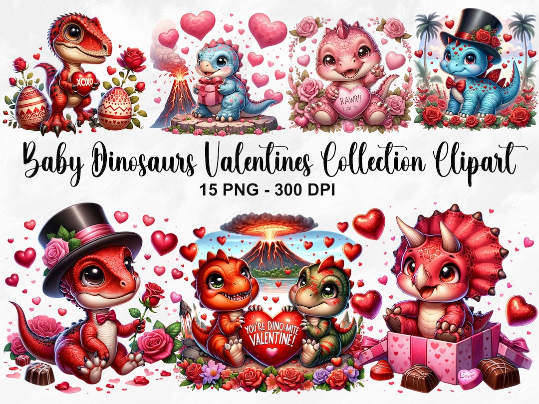Watercolor Baby Dinosaurs Valentines Collection Clipart, 15 PNG ...