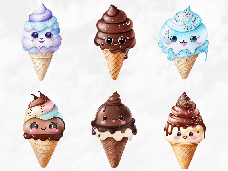 Watercolor Kawaii Ice Cream Clipart, 30 PNG Ice Cream Clipart, Kawaii ...