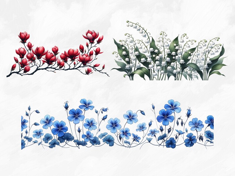 Watercolor Flower Border Collection Clipart, 17 PNG Floral Clipart ...