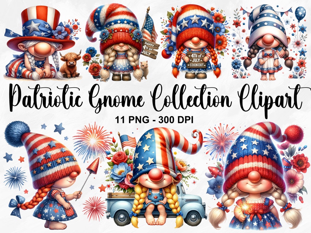 Watercolor Patriotic Gnome Collection Clipart, 11 PNG Memorial Day ...