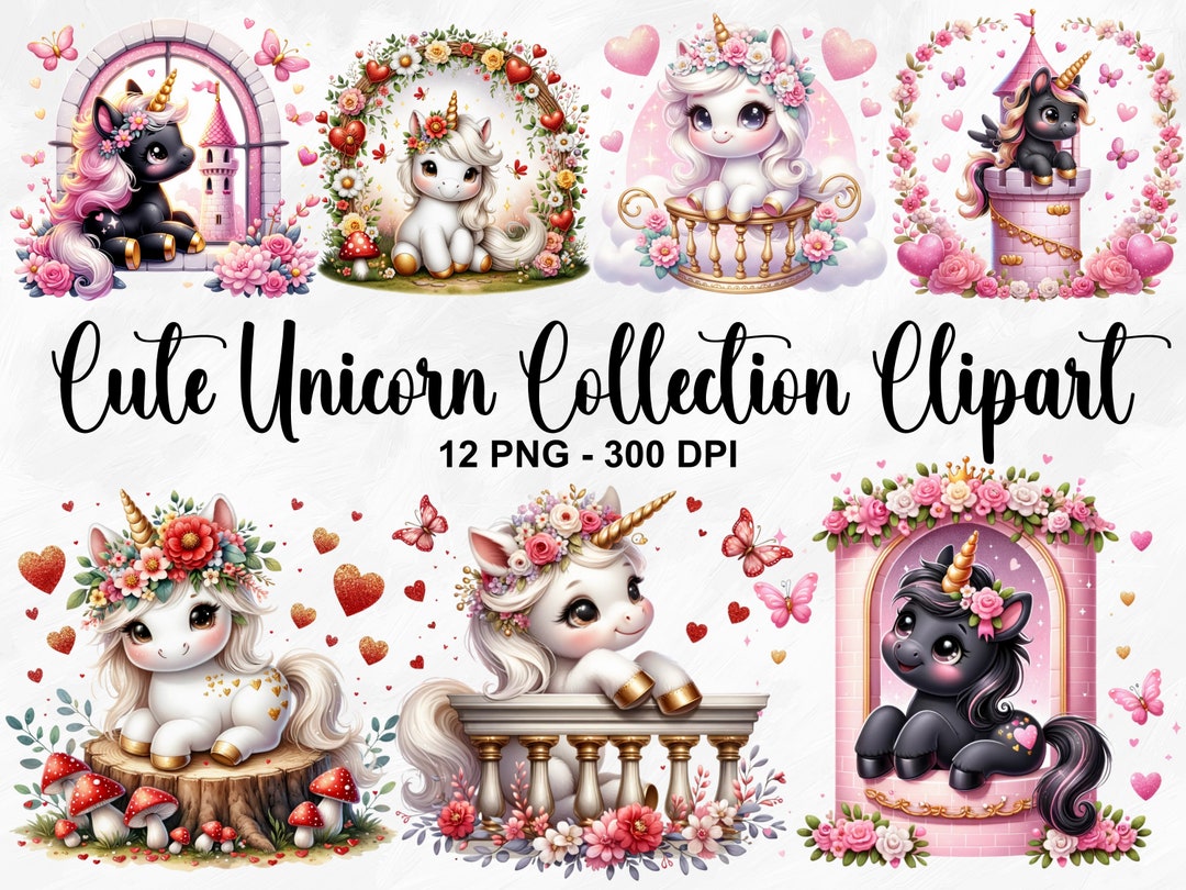 Watercolor Cute Unicorn Collection Clipart, 12 PNG Magic Unicorn ...
