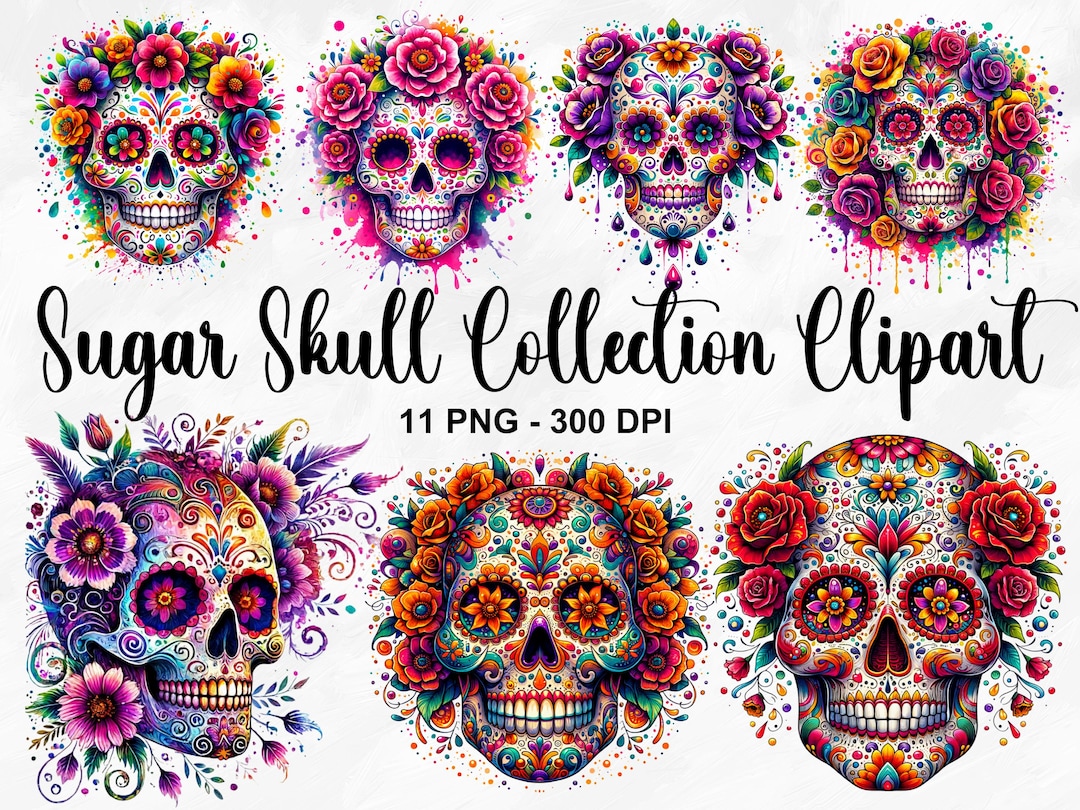 Watercolor Sugar Skull Collection Clipart, 11 PNG Floral Sugar Skull ...