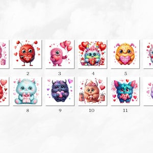 Watercolor Cute Cartoon Valentines Monsters Clipart, 12 PNG Valentines ...