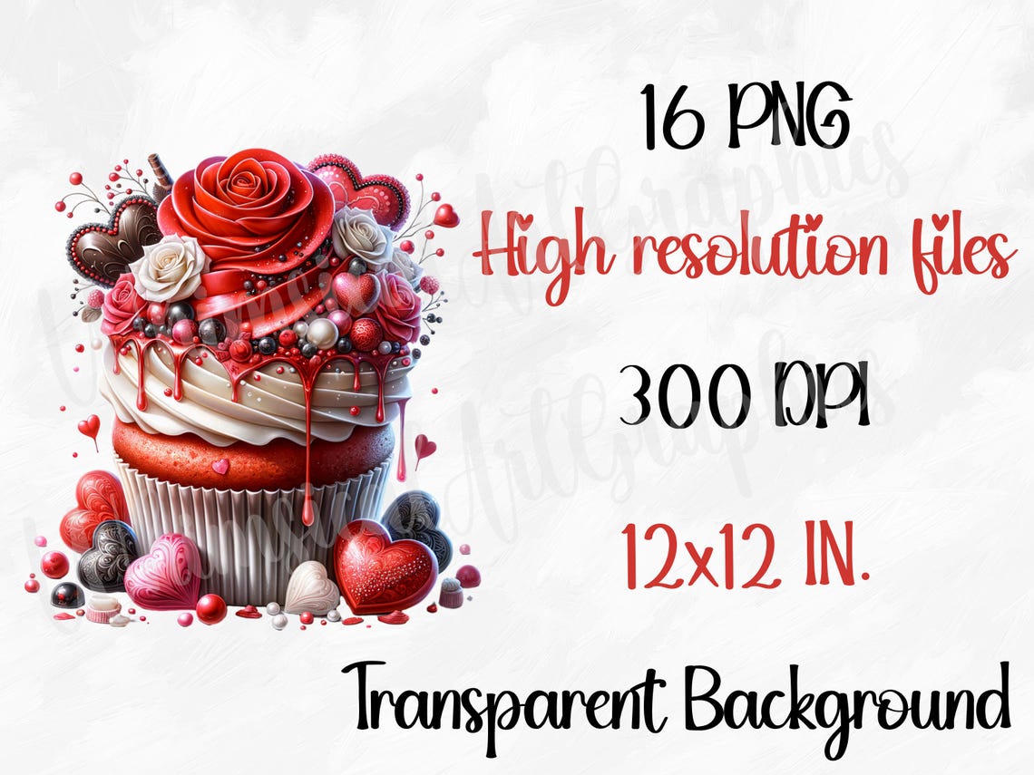 Red Valentines Day Cupcake Collection Clipart, 16 PNG Valentine Clipart ...