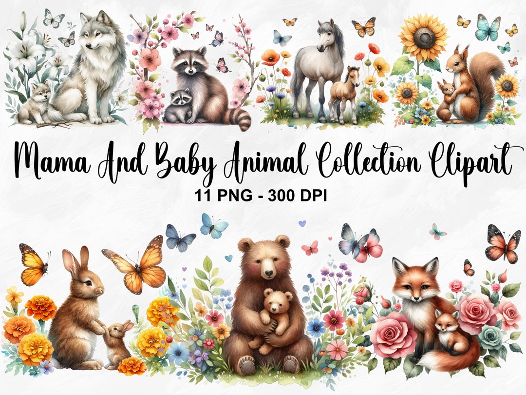 Watercolor Mama and Baby Animal Clipart, 11 PNG Spring Woodland Animals ...
