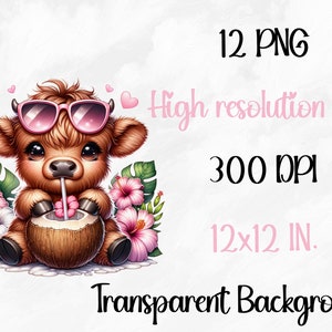 Watercolor Summer Highland Cows Collection Clipart, 12 PNG Beach ...