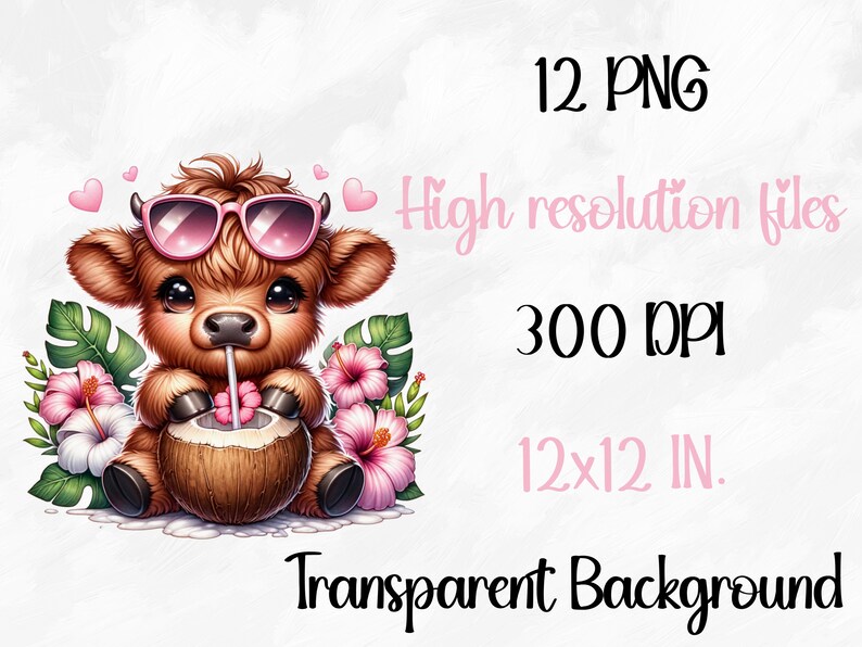 Watercolor Summer Highland Cows Collection Clipart, 12 PNG Beach ...