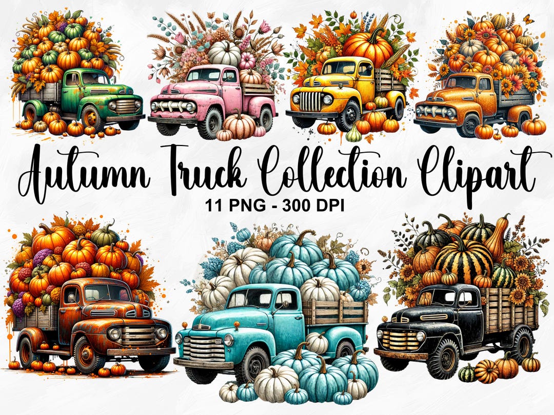 Watercolor Autumn Truck Collection Clipart, 11 PNG Fall Clipart, Fall ...