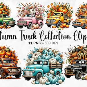 Watercolor Autumn Truck Collection Clipart, 11 PNG Fall Clipart, Fall ...