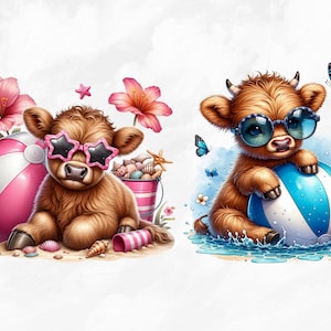 Watercolor Summer Highland Cows Collection Clipart, 12 PNG Beach ...