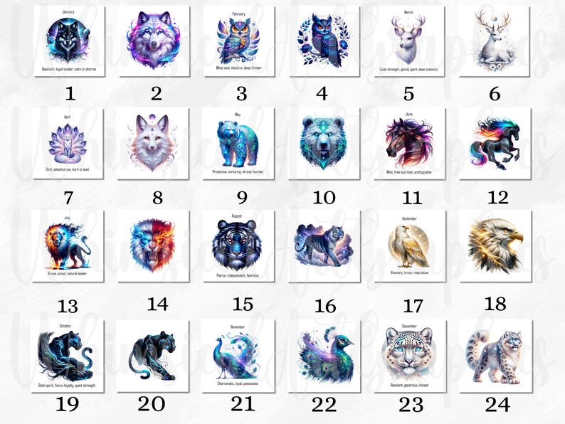 Birth Month Spirit Animal Clipart Bundle PNG | 24 PNG Zodiac Animal ...