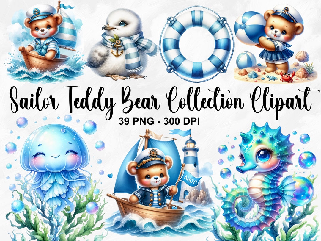 Watercolor Sailor Teddy Bear Collection Clipart, 39 PNG Baby Bear ...