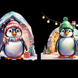 Watercolor Igloo Penguin Collection Clipart, 11 PNG Christmas Penguin ...