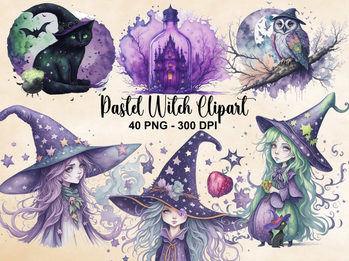 Watercolor Pastel Witch Clipart 40 PNG Watercolor Witch - Etsy