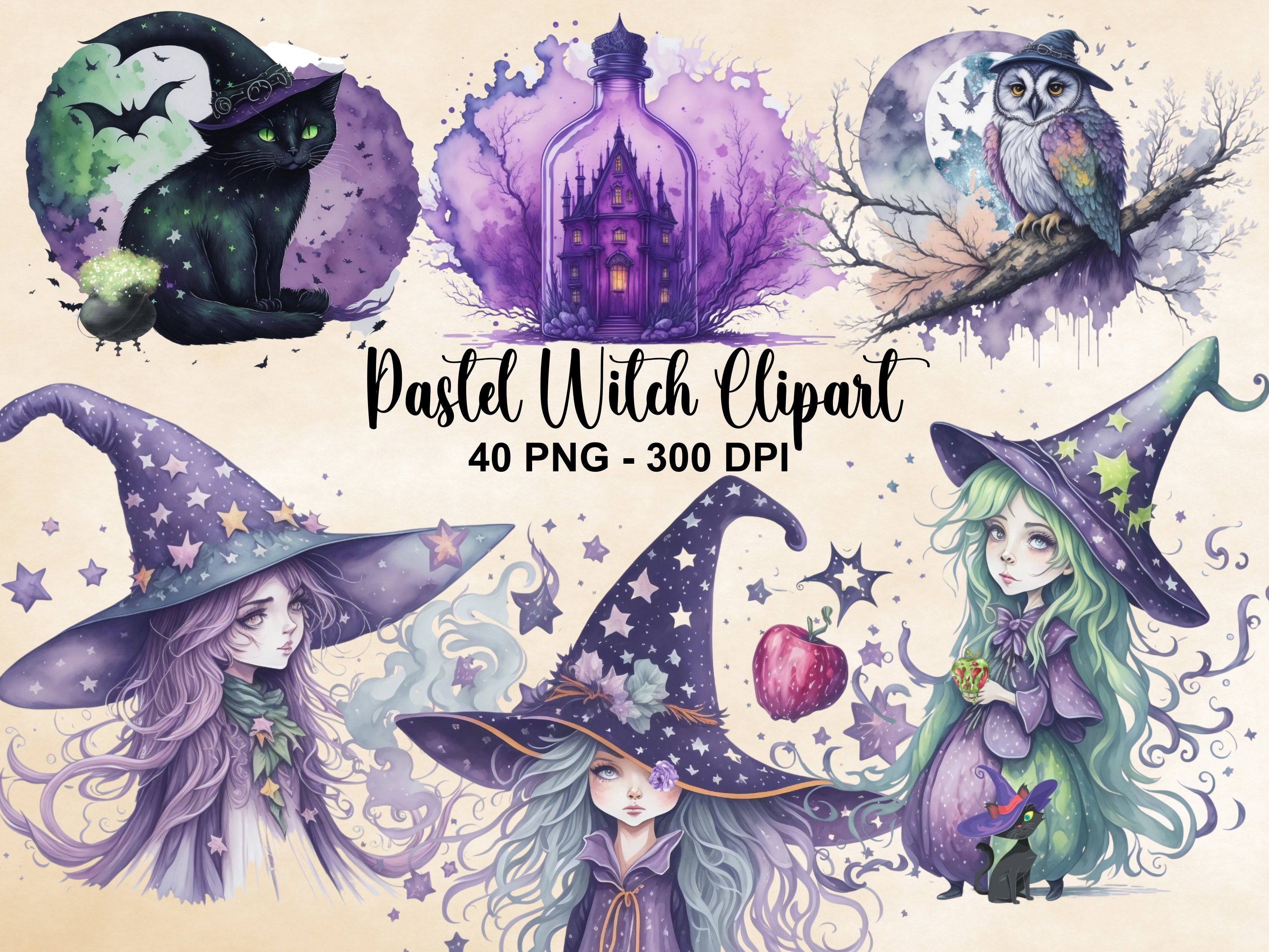 Watercolor Pastel Witch Clipart 40 PNG Watercolor Witch - Etsy