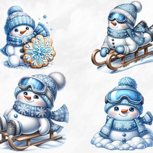 Watercolor Blue Snowman Collection Clipart, 26 PNG Festive Snowman ...