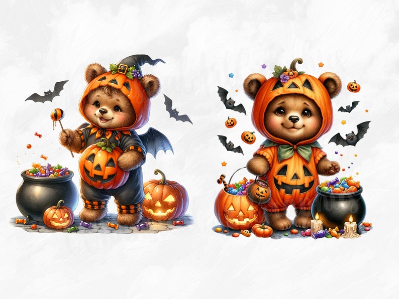 Watercolor Cute Halloween Bears Collection Clipart, 11 PNG Halloween ...