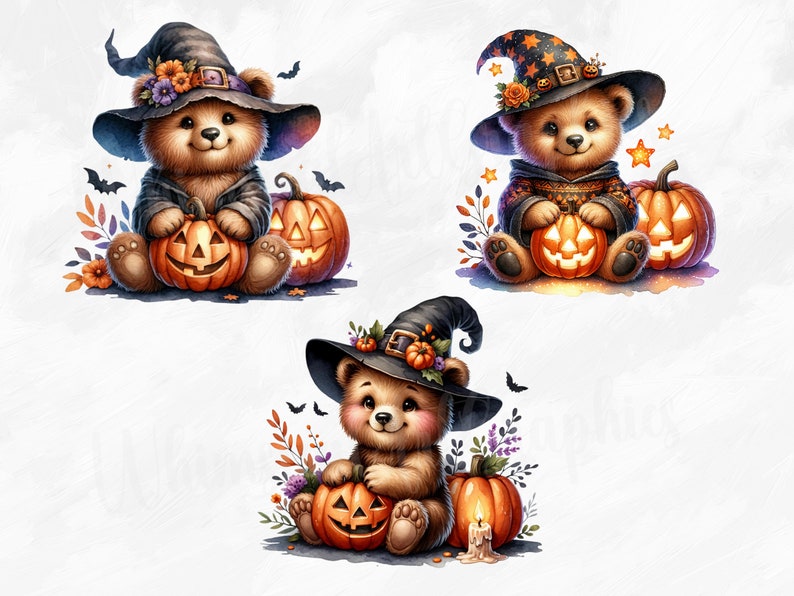 Watercolor Cute Halloween Bears Collection Clipart, 11 PNG Halloween ...