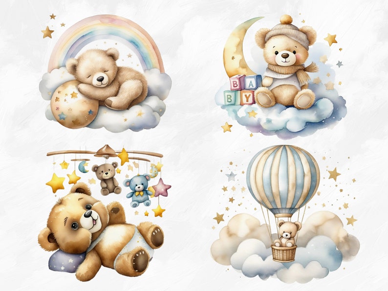 Watercolor Sleeping Teddy Bears Collection Clipart, 24 PNG Cute Teddy ...
