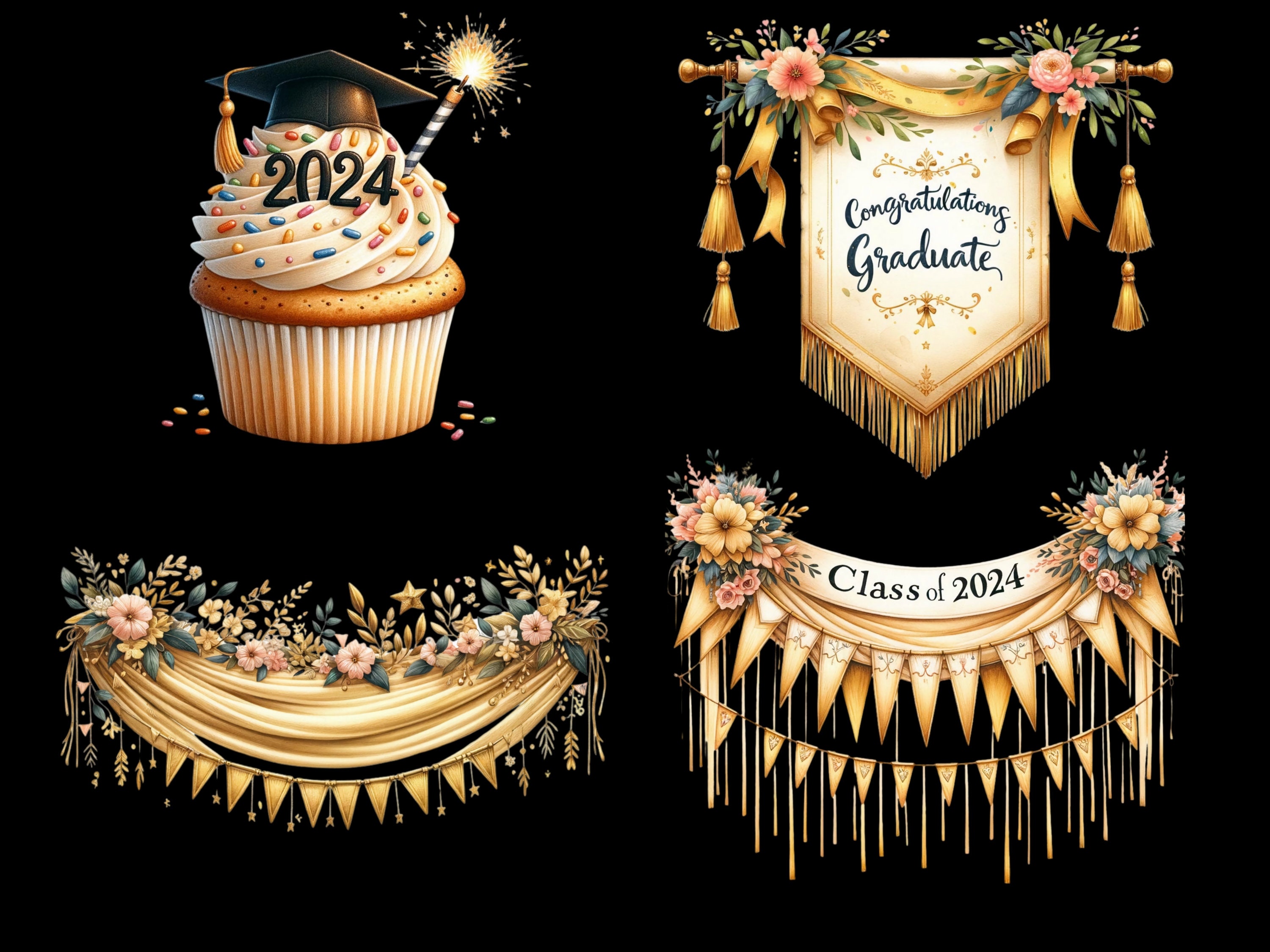 Watercolor Graduation Collection Clipart, 18 PNG Grad Floral Clipart ...