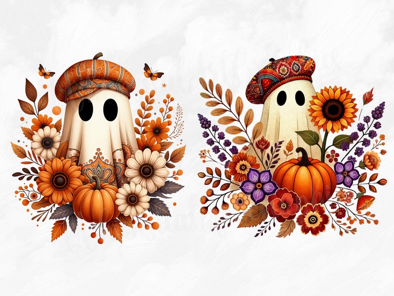 Watercolor Cute Ghost Clipart, 11 PNG Halloween Clipart Bundle, Cute ...