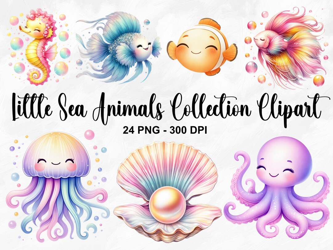 Watercolor Little Sea Animals Collection Clipart, 24 PNG Mermaid ...