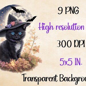 Watercolor Halloween Black Cat Clipart, 9 PNG Watercolor Witchy Black ...