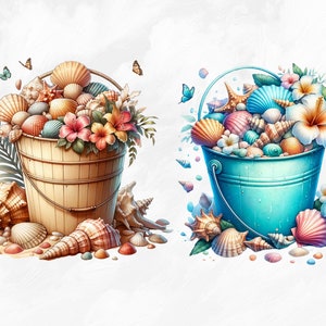 Watercolor Seashell Buckets Collection Clipart, 10 PNG Beach Clipart ...