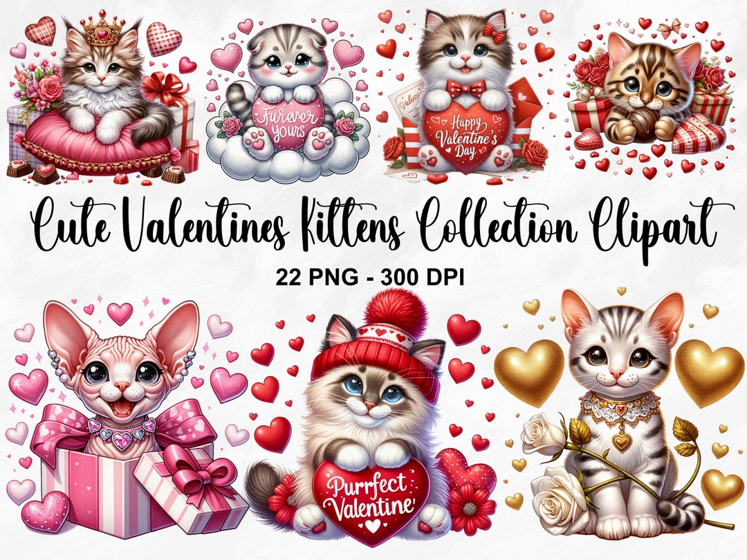 Watercolor Cute Valentines Kittens Clipart, 22 PNG Valentines Day ...
