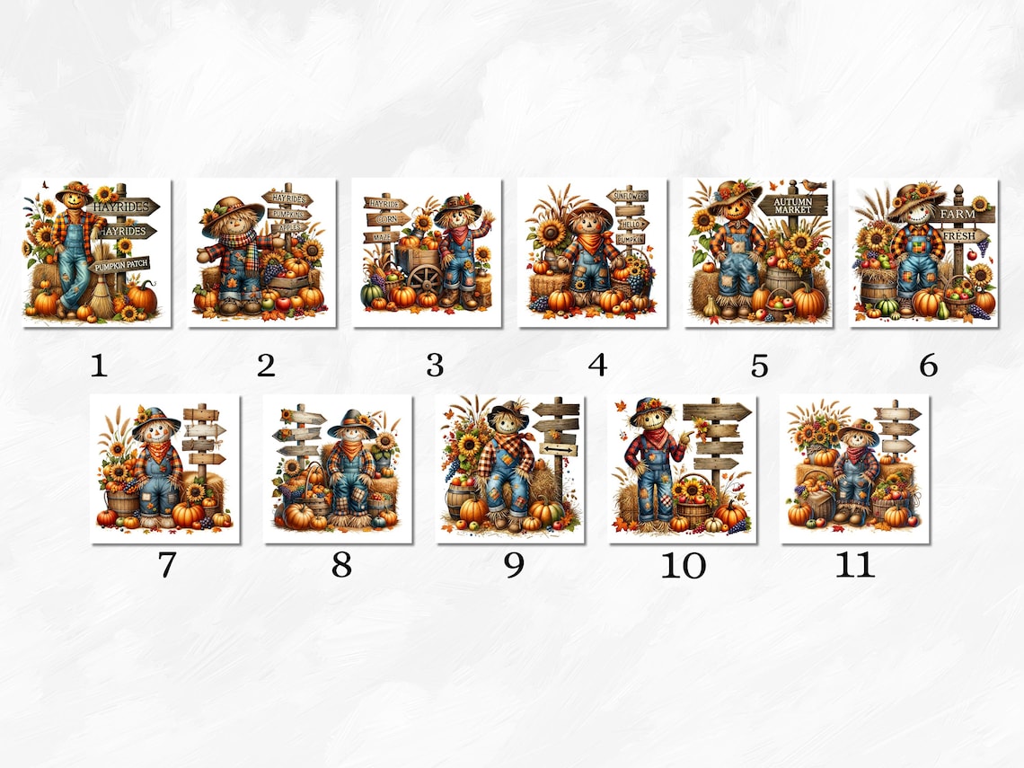 Watercolor Fall Scarecrows Collection Clipart, 11 PNG Autumn Clipart ...