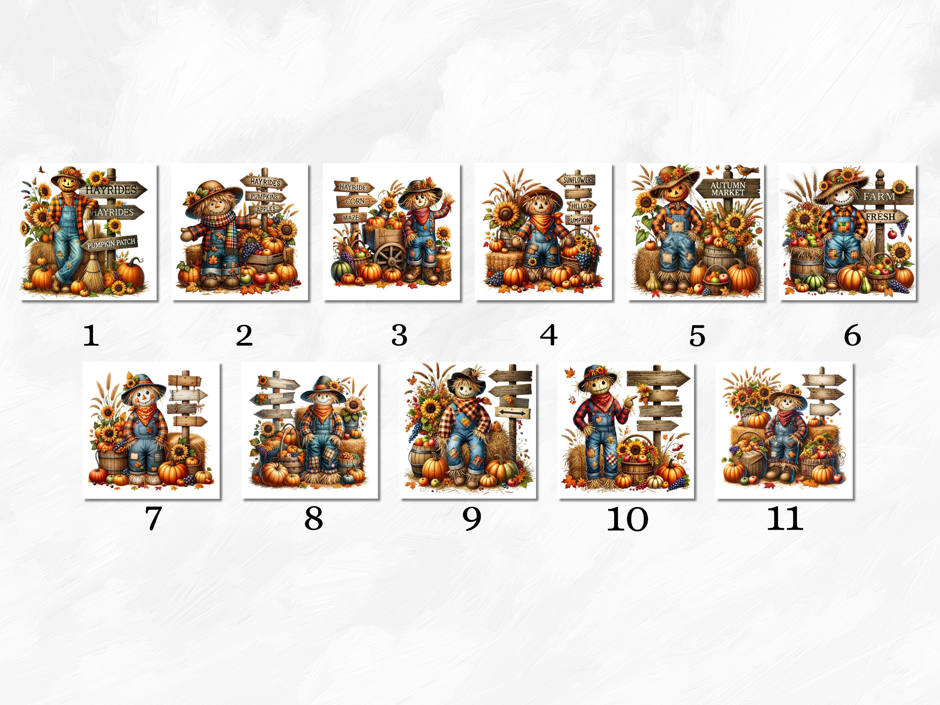 Watercolor Fall Scarecrows Collection Clipart, 11 PNG Autumn Clipart ...