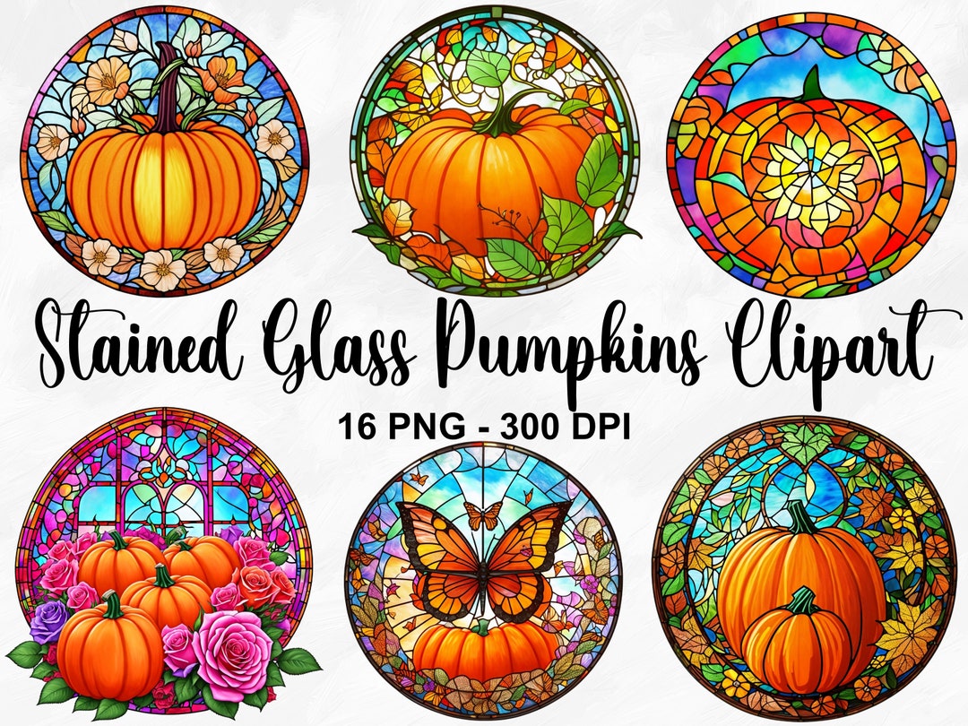 Watercolor Stained Glass Pumpkins Clipart, 16 PNG Stained Glass ...