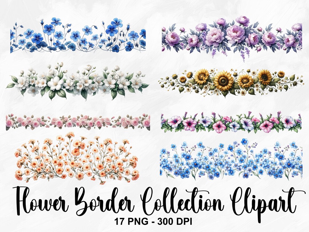 Watercolor Flower Border Collection Clipart, 17 PNG Floral Clipart ...