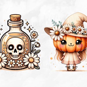 Watercolor Retro Halloween Collection Clipart, 17 PNG Halloween Clipart ...
