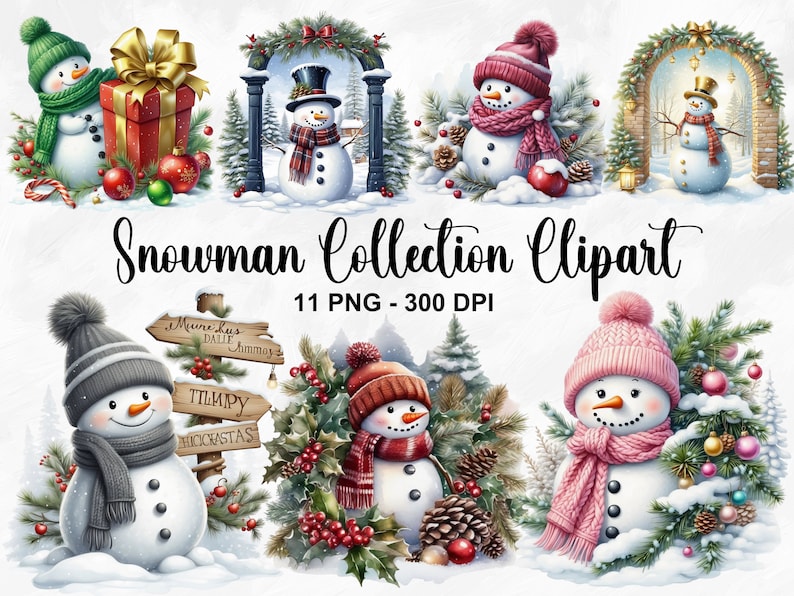 Watercolor Snowman Collection Clipart, 11 PNG Peeking Snowman Clipart ...