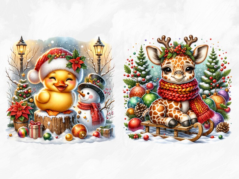 Watercolor Cute Christmas Animals Collection Clipart, 12 PNG Christmas ...
