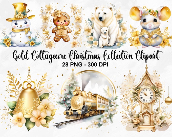 Gold Christmas Clipart Png Bundle, Watercolor Winter Clipart, Gold ...
