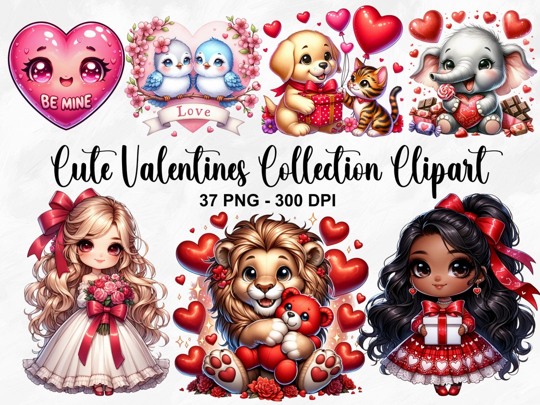 Watercolor Cute Valentines Collection Clipart, 37 PNG Valentines Day ...