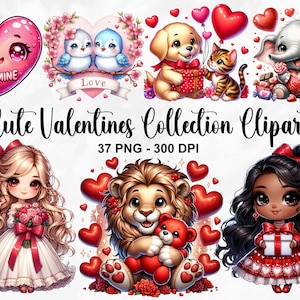 Watercolor Cute Valentines Collection Clipart, 37 PNG Valentines Day ...