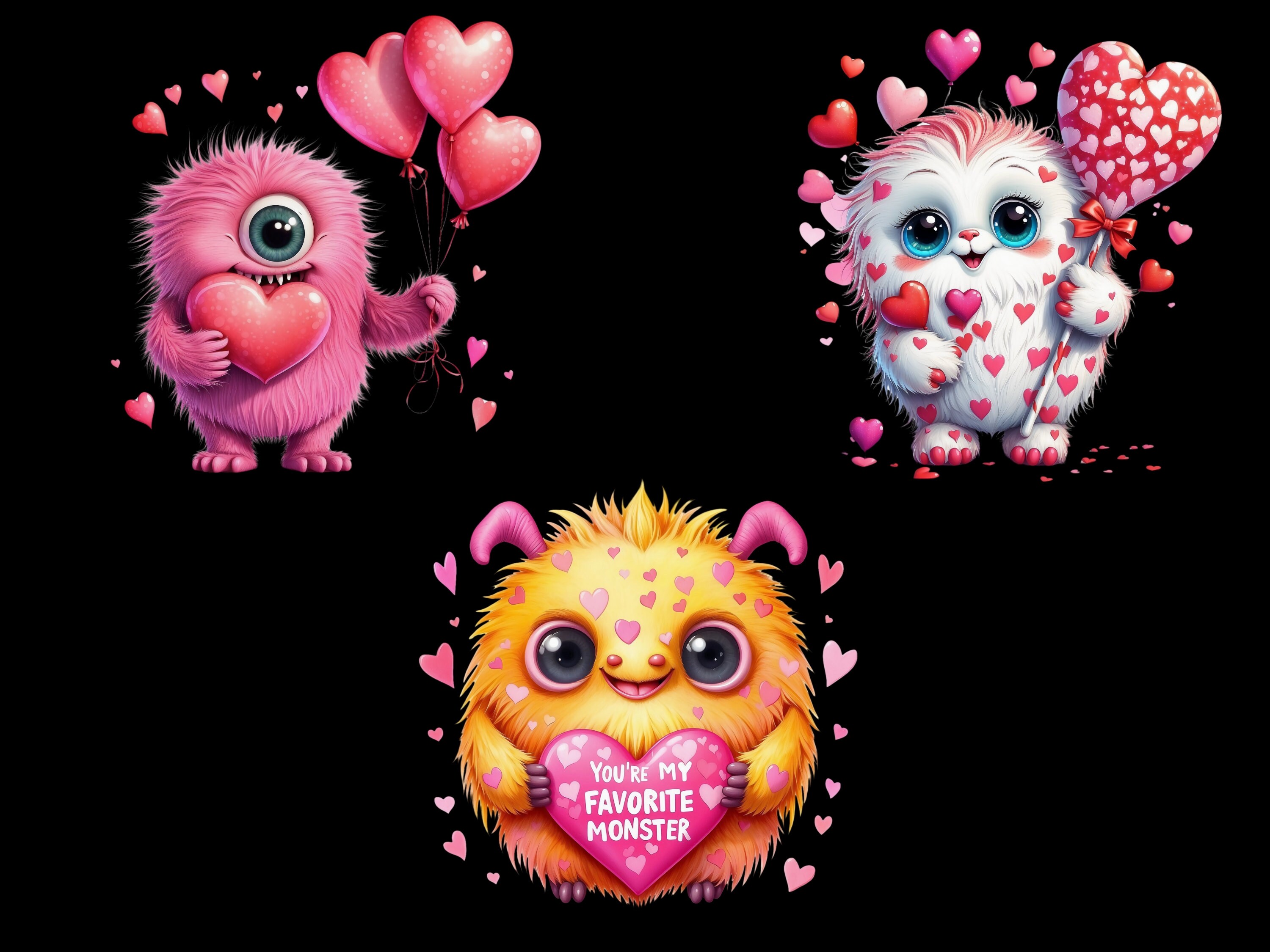 Watercolor Cute Cartoon Valentines Monsters Clipart, 12 PNG Valentines ...